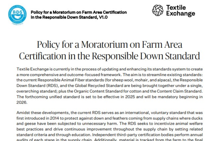 RDS-105 Policy for a Moratorium on Farm Area Certification - Textile Exchange