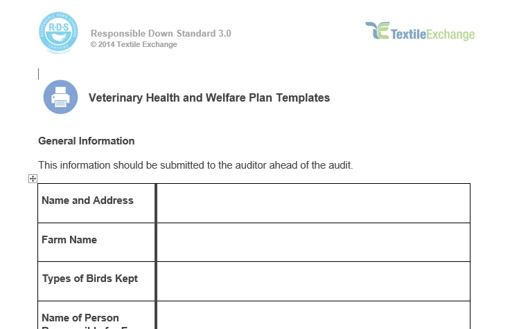 RDS-204 Veterinary Health and Welfare Plan Templates - Textile Exchange