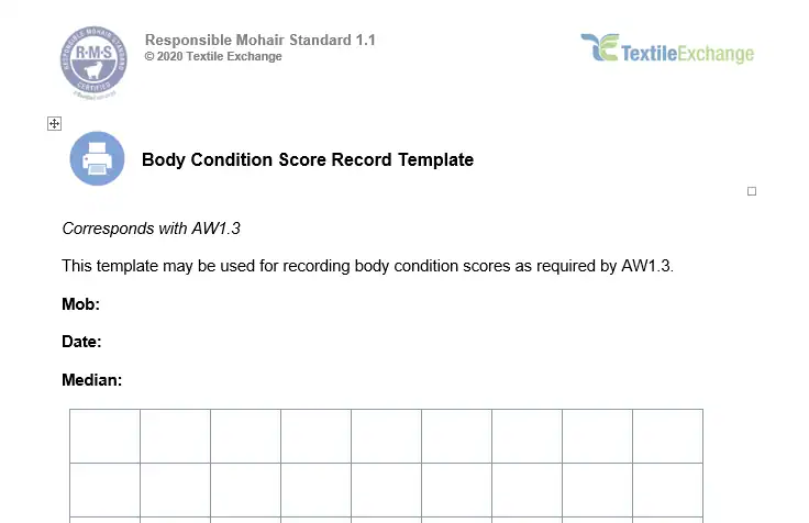 RAF-212b RMS Body Condition Scoring Template - Textile Exchange