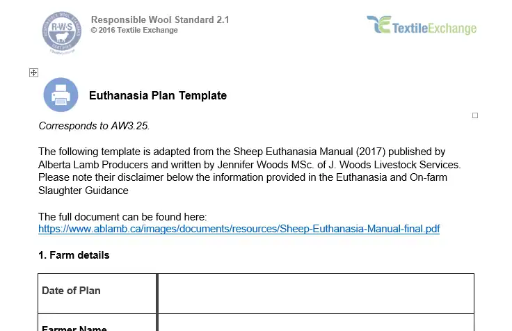 RAF-222a RWS Euthanasia Plan Template - Textile Exchange