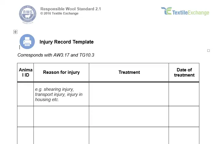 RAF-221a RWS Injury Report Template - Textile Exchange