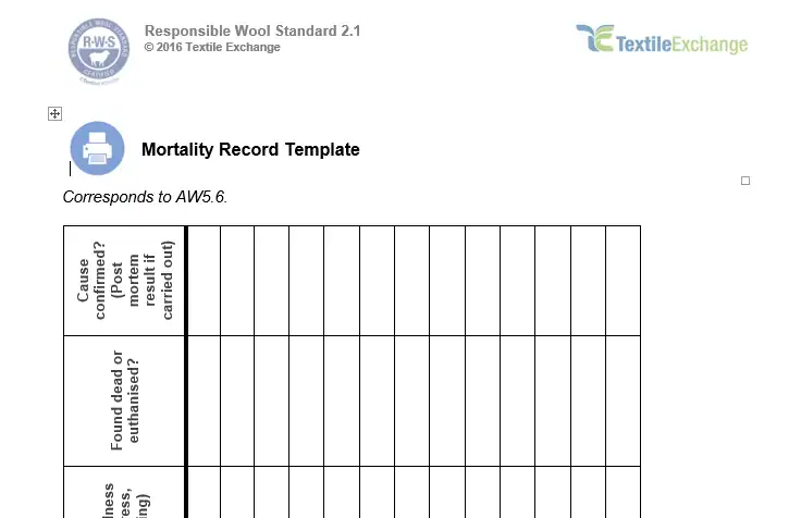 RAF-224a RWS Mortality Record Template - Textile Exchange
