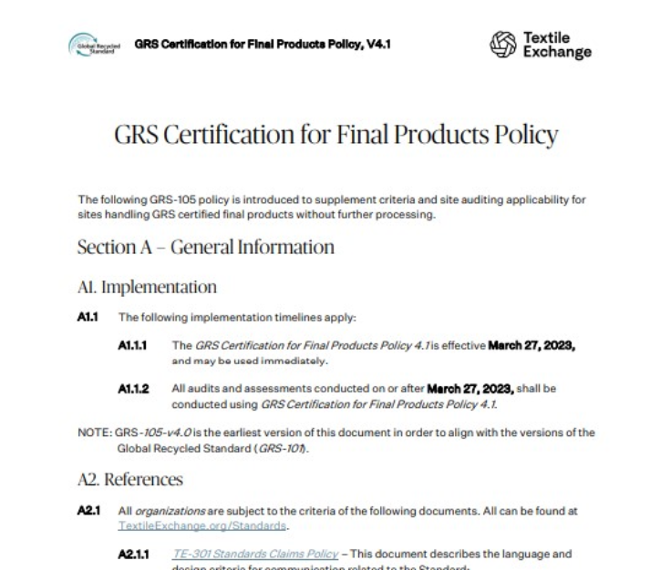 GRS-105 Certification for Final Products Policy - Textile Exchange