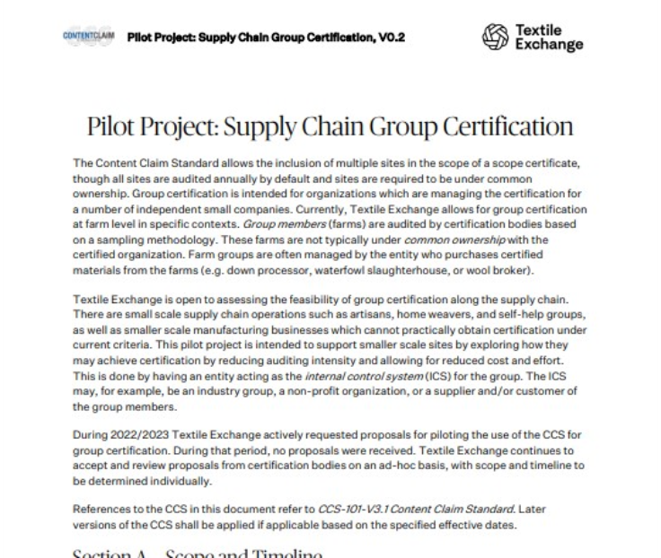 CCS-106 Pilot Project: Supply Chain Group Certification - Textile Exchange