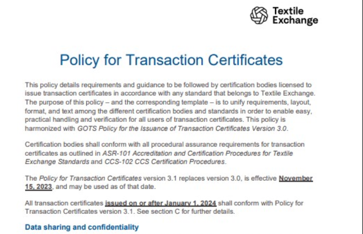 ASR-104 Policy for Transaction Certificates - Textile Exchange