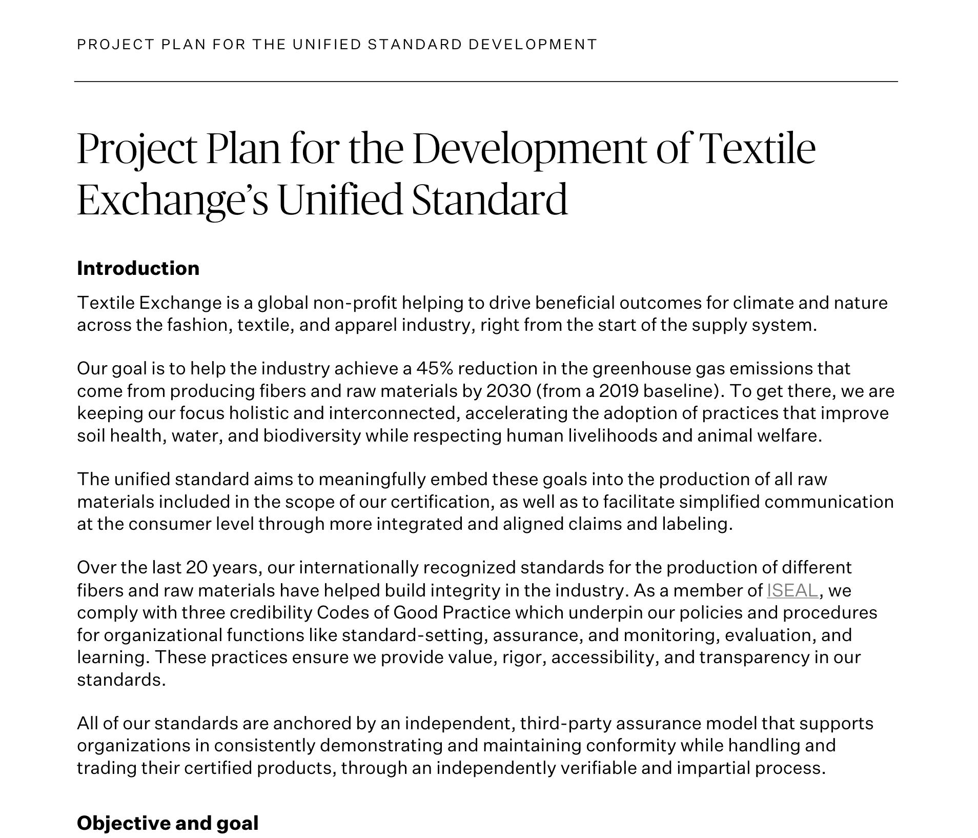 Project Plan for the Unified Standard Development - Textile Exchange