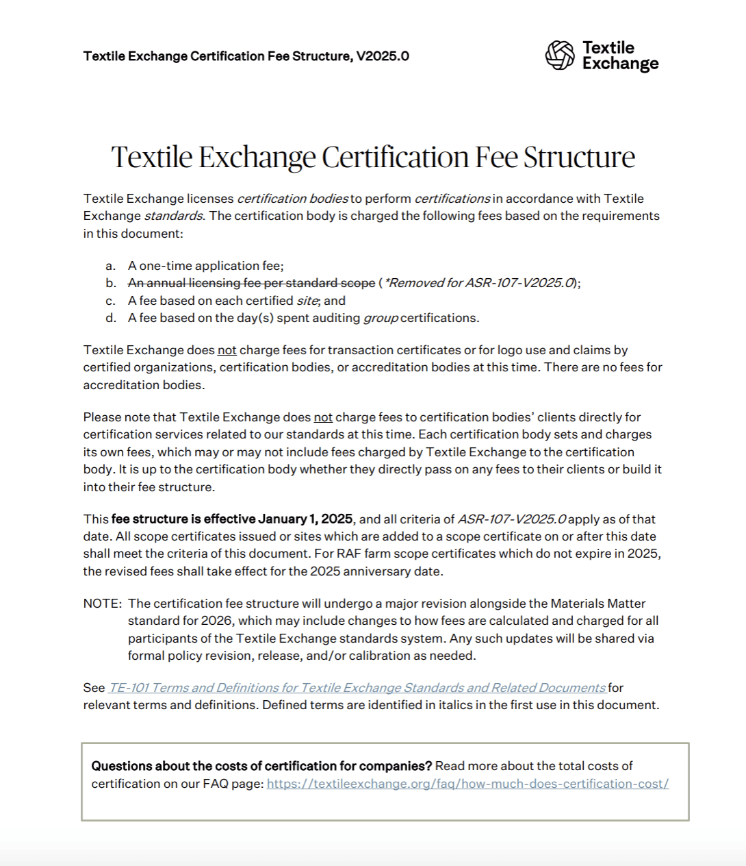 ASR-107 Certification Fee Structure - Textile Exchange